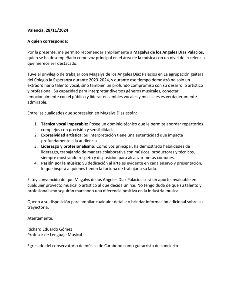 Carta de Recomendación Musical Magalys Diaz Palacios
