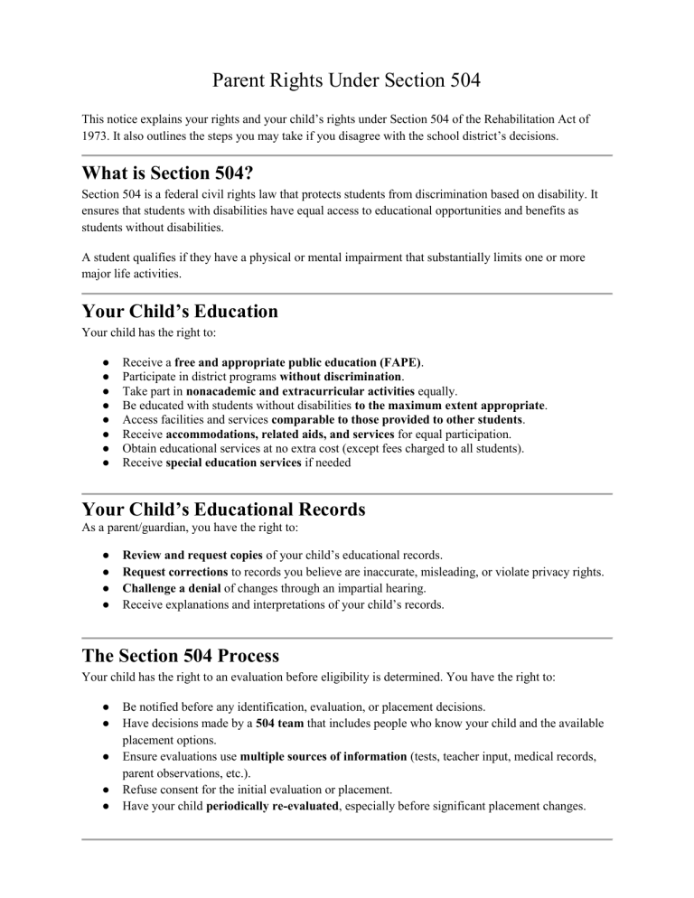 Section 504 Parent Rights: Education & Disability