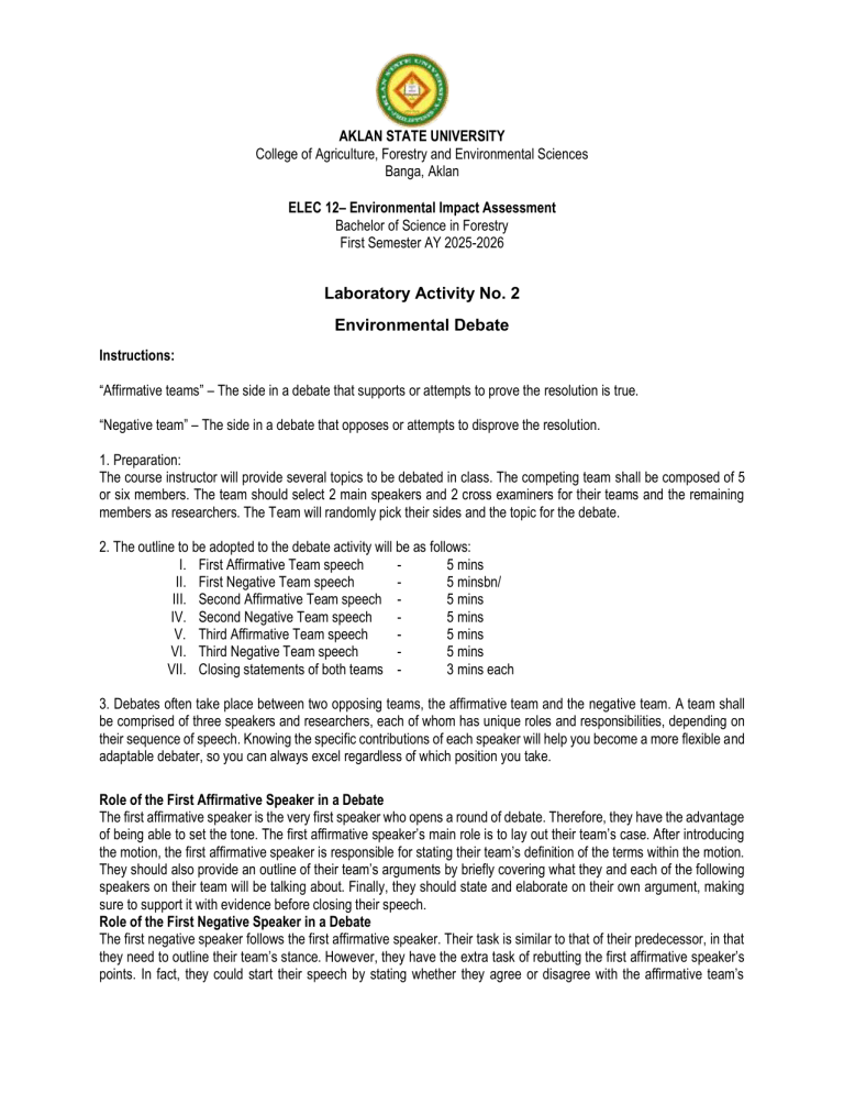 ELEC 12 Environmental Debate: Aklan State University Lab Activity