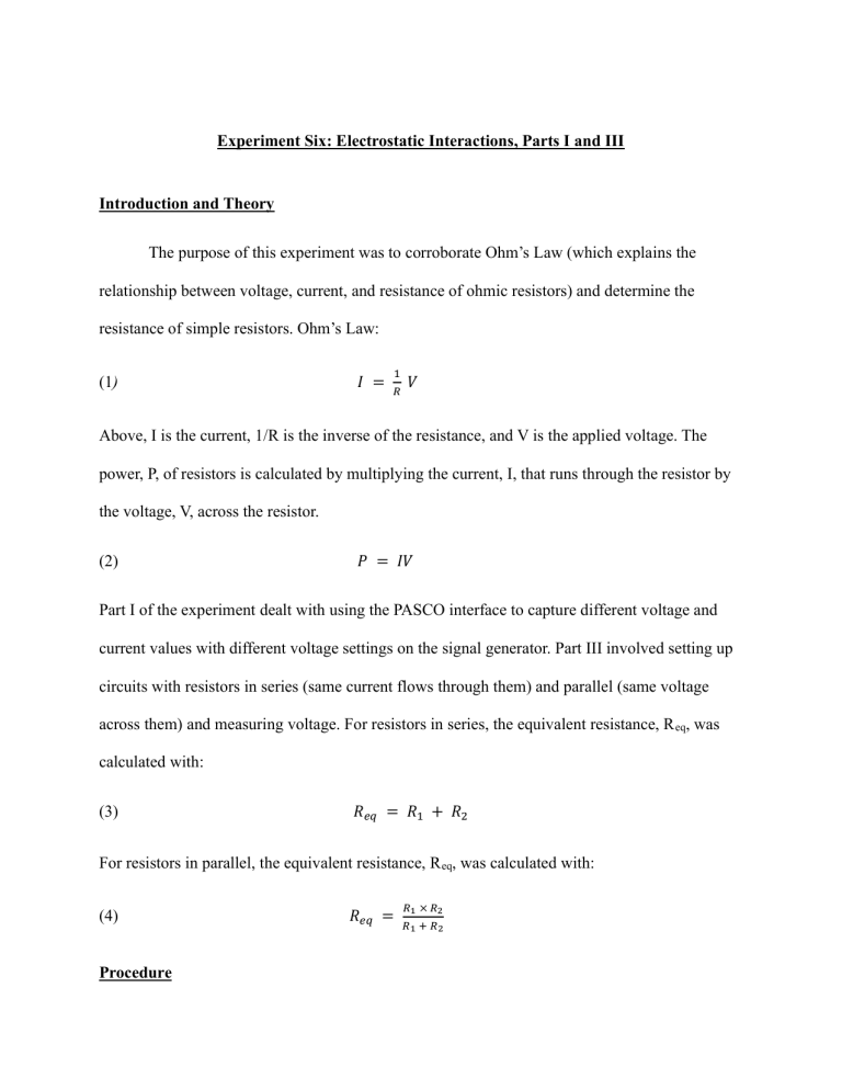 Electrostatic Interactions Lab Report: Ohm's Law & Resistors