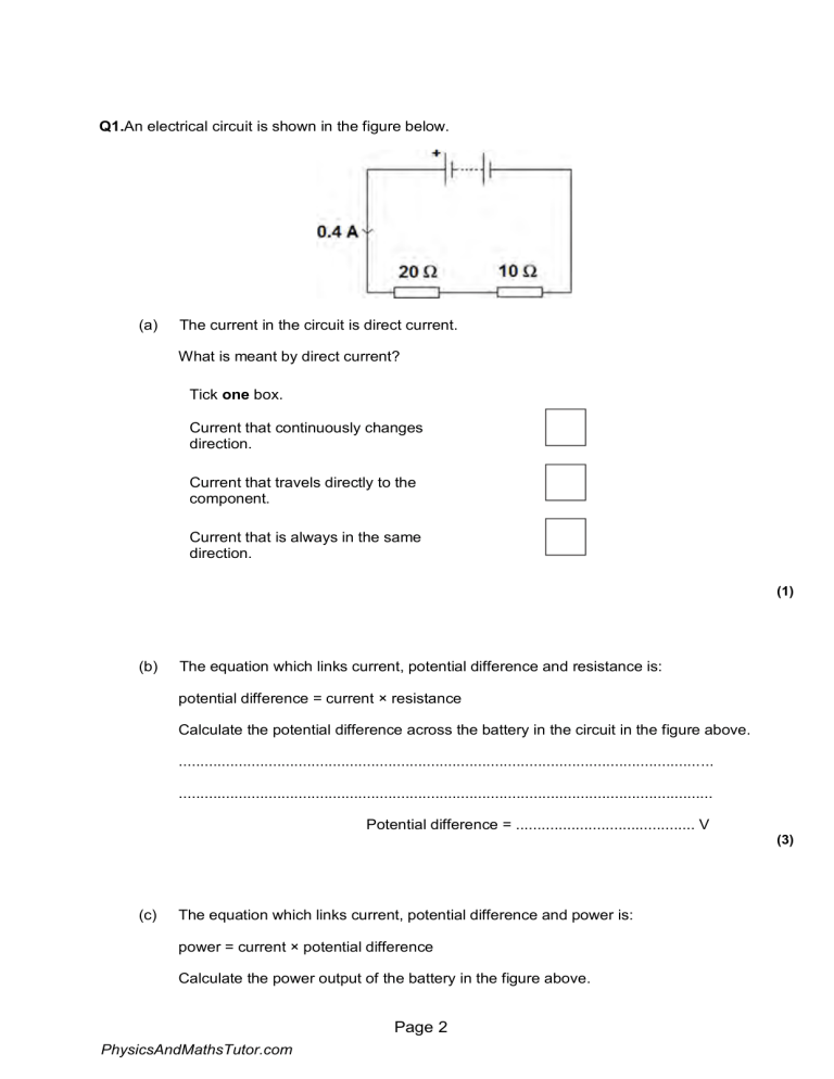 Electrical Circuits Exam Questions: Physics High School