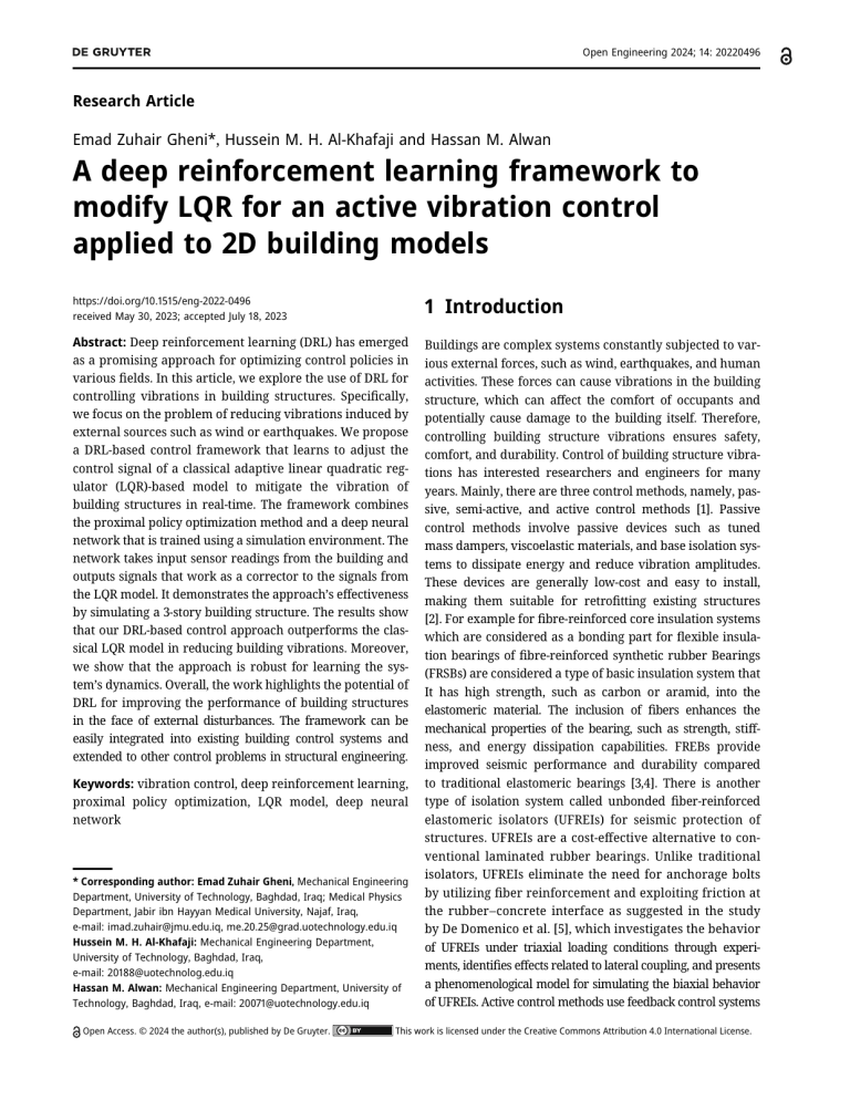 DRL Framework for Active Vibration Control in 2D Building Models