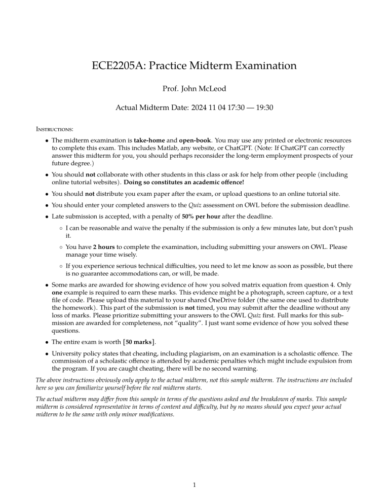 ECE2205A Practice Midterm Exam: Circuits, Op-Amps, Nodal Analysis