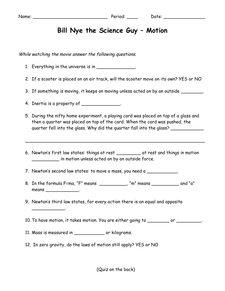 Bill Nye the Science Guy: Motion Worksheet & Quiz - Newton's Laws