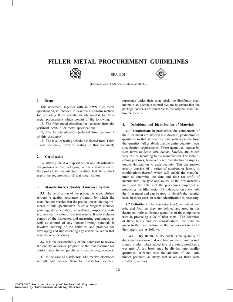 Filler Metal Procurement Guidelines SFA-5.01 | AWS A5.01-92 Standard