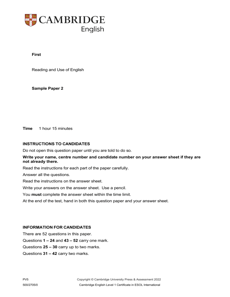 Cambridge English First (FCE) Reading & Use of English Sample Paper 2
