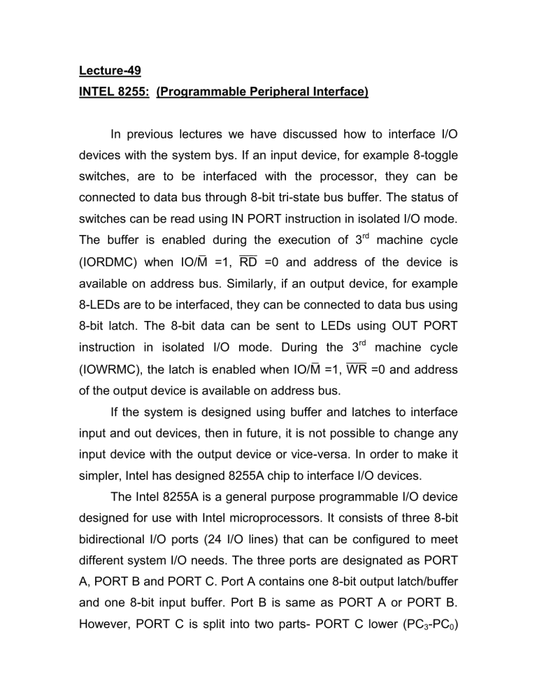 Intel 8255 PPI: Programmable Peripheral Interface Lecture Notes