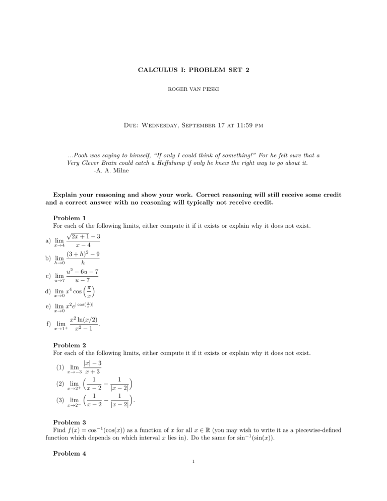Calculus I Problem Set 2: Limits, Inverse Trig, Equations & Squeeze Theorem