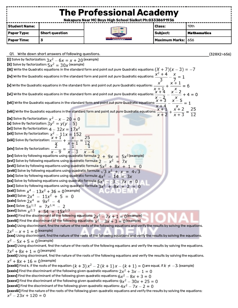 10th Grade Mathematics Short Question Paper: Quadratic Equations & Algebra