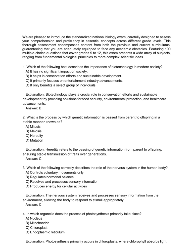 National Biology Exam (Grades 9-12) - Practice Questions