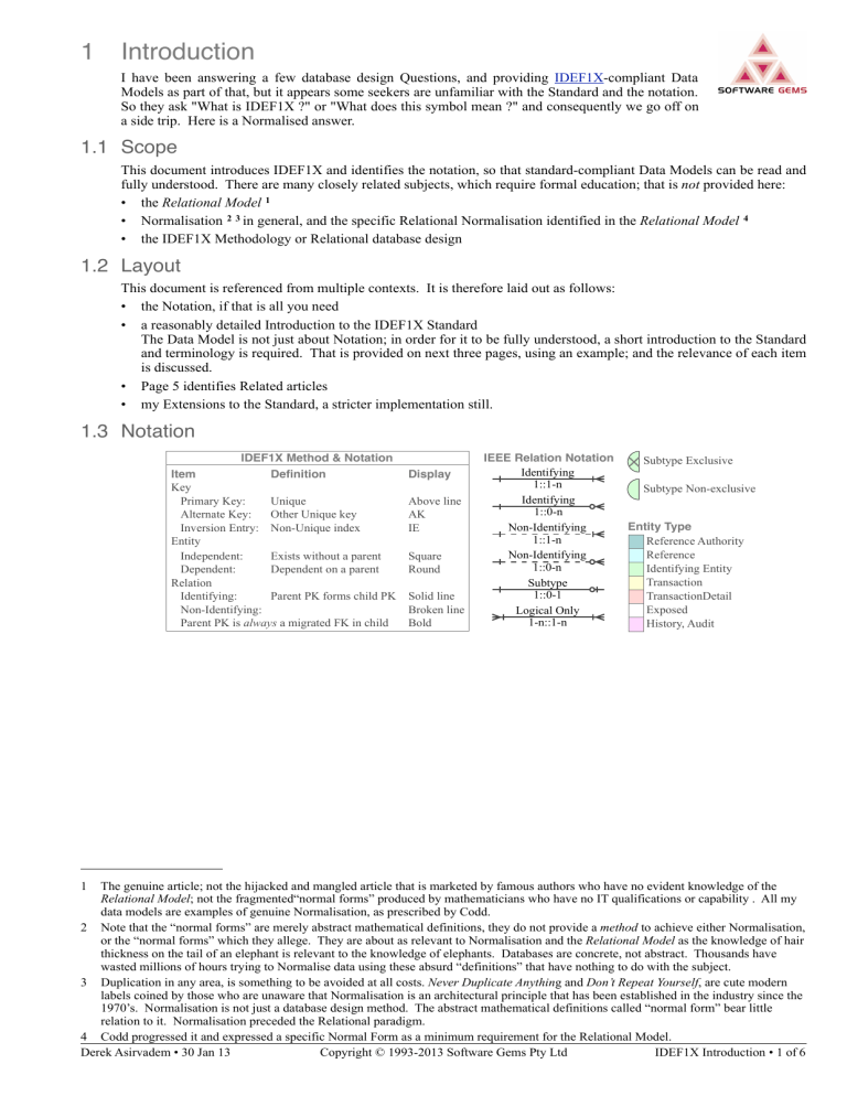 IDEF1X Introduction: Data Modeling Standard & Notation Guide