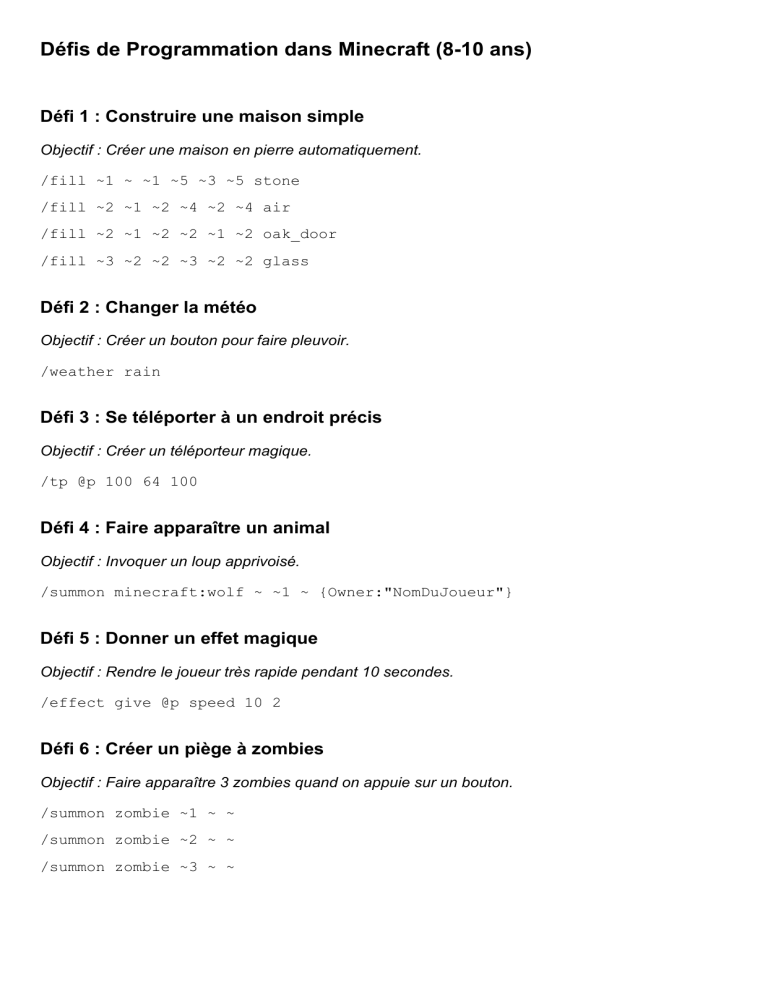 Défis de programmation Minecraft pour enfants (8-10)