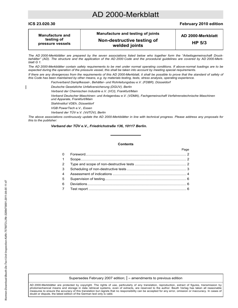 AD 2000-Merkblatt HP 5/3: NDT of Welded Joints in Pressure Vessels