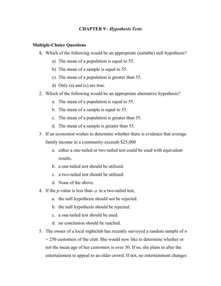 Hypothesis Testing Multiple-Choice Questions