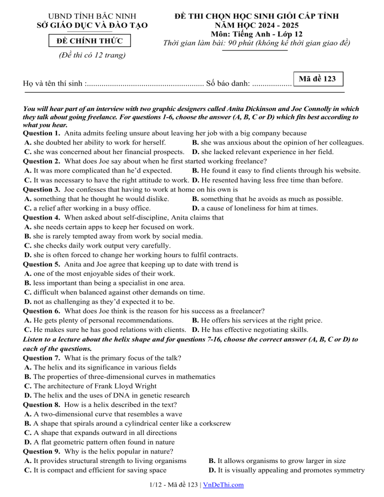 Bac Ninh Provincial English Exam - Grade 12 (2024-2025) | Excellent Student