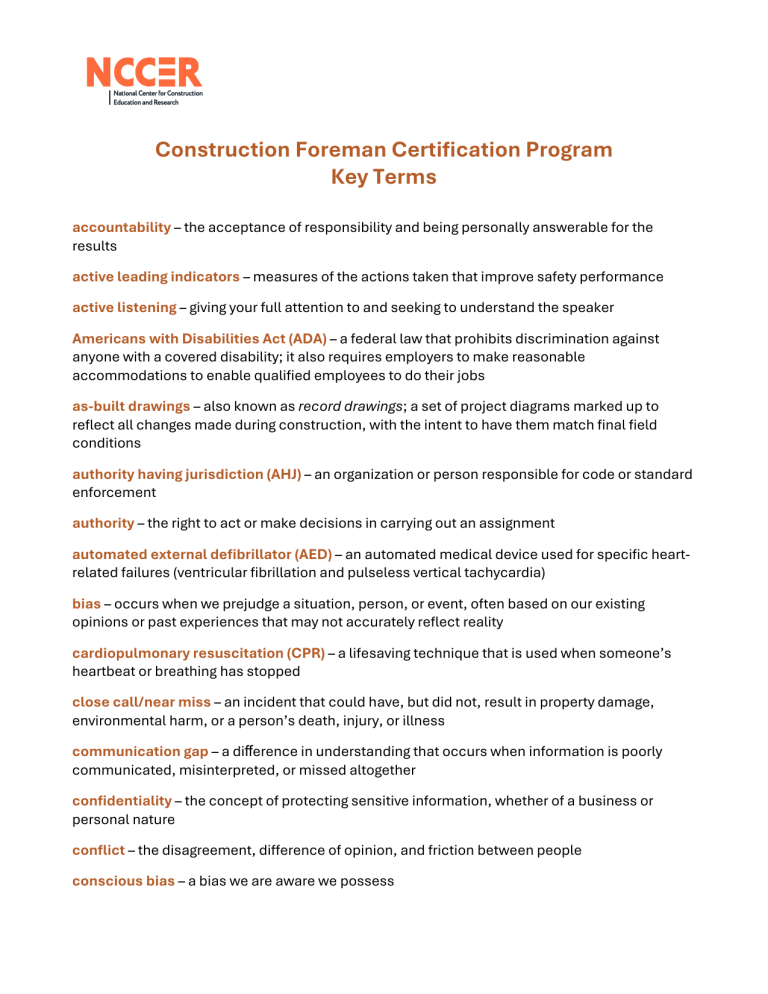 Construction Foreman Certification Program: Key Terms Glossary