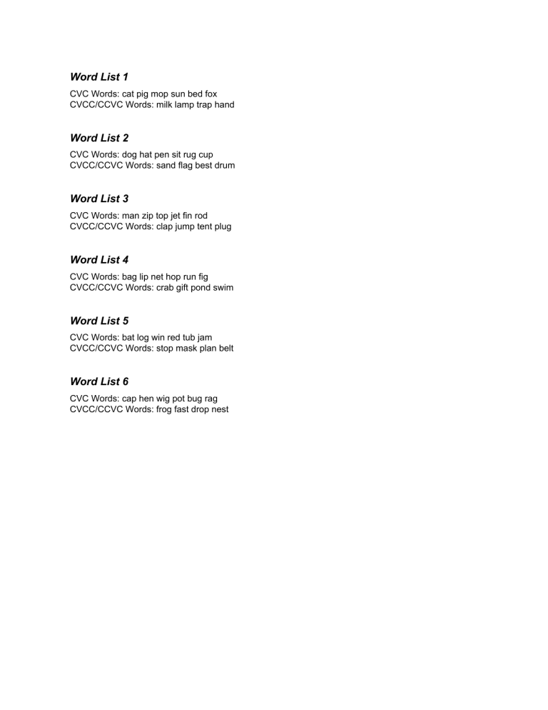 CVC & CVCC/CCVC Word Lists for Phonics Practice | Early Literacy
