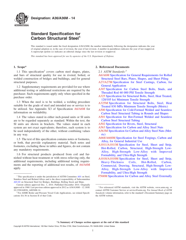 ASTM A36/A36M-14: Carbon Structural Steel Specification