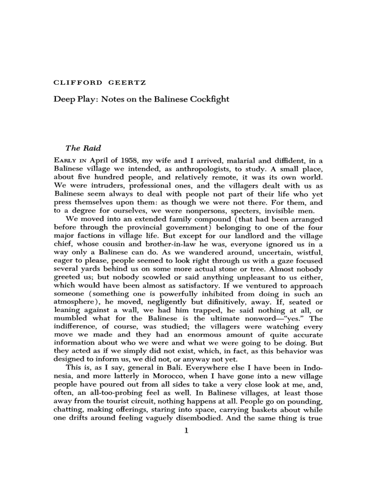 Clifford Geertz: Deep Play - Balinese Cockfight Anthropology