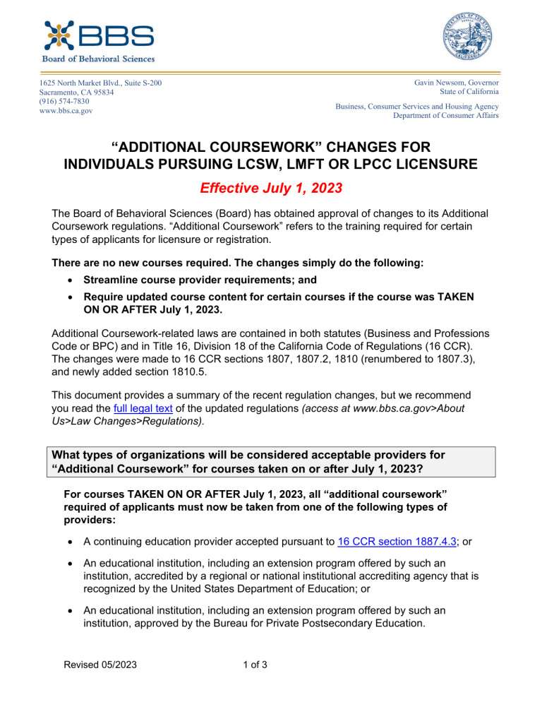 CA LCSW, LMFT, LPCC Licensure: Additional Coursework Changes 2023