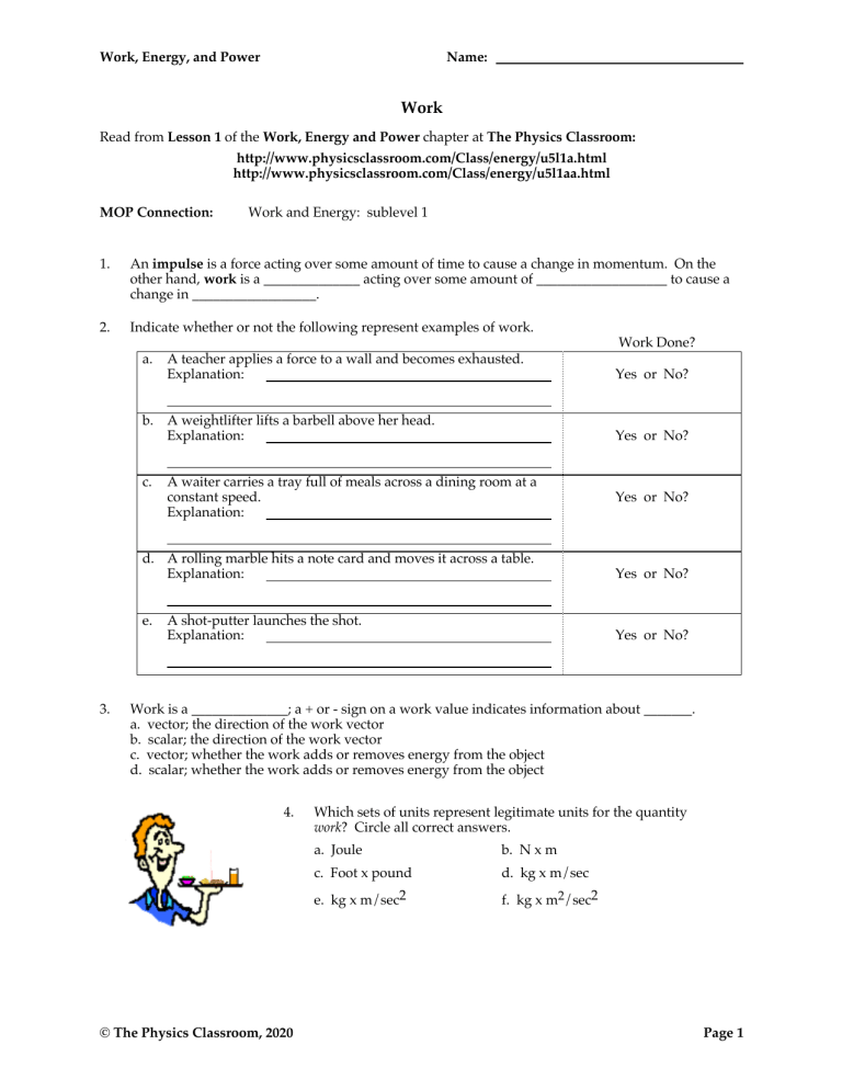 Work, Energy, and Power Physics Worksheet | The Physics Classroom