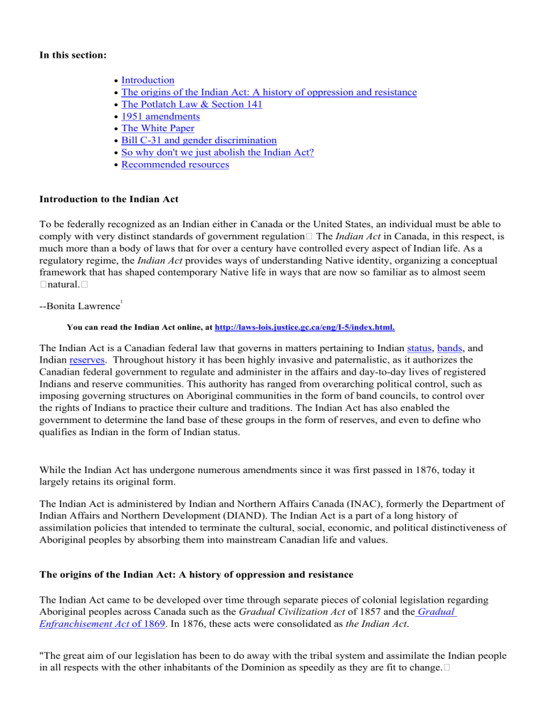 The Indian Act: History, Oppression, and Resistance