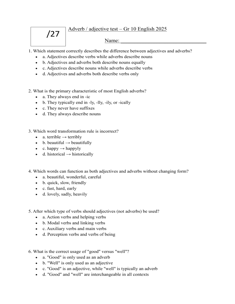 Adjectives & Adverbs Test - Grade 10 English Grammar