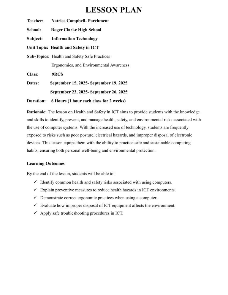 ICT Health & Safety Lesson Plan: Ergonomics & Environmental Awareness