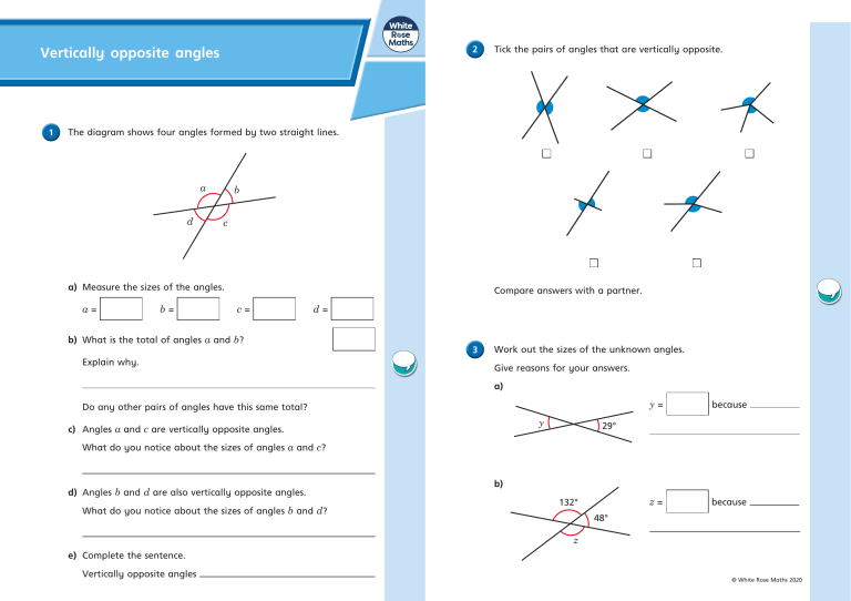 Vertically Opposite Angles Worksheet | Geometry Practice Problems