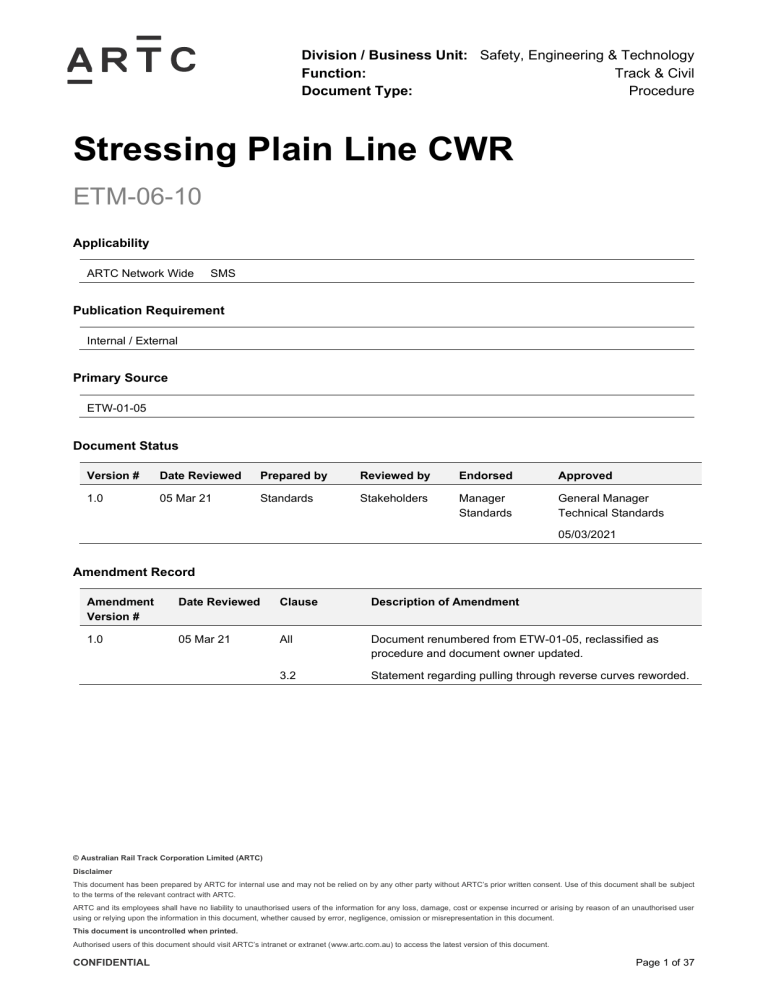 Stressing Plain Line CWR Procedure | ARTC ETM-06-10 Railway Engineering