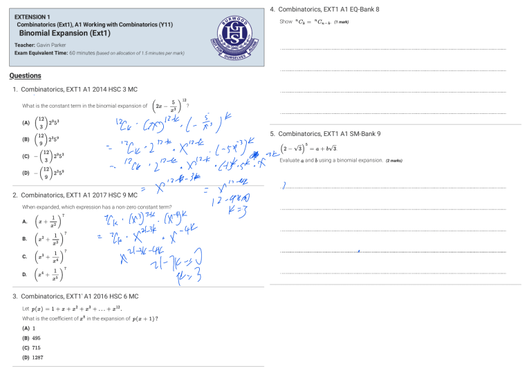 Combinatorics & Binomial Expansion Exam Questions (EXT1)
