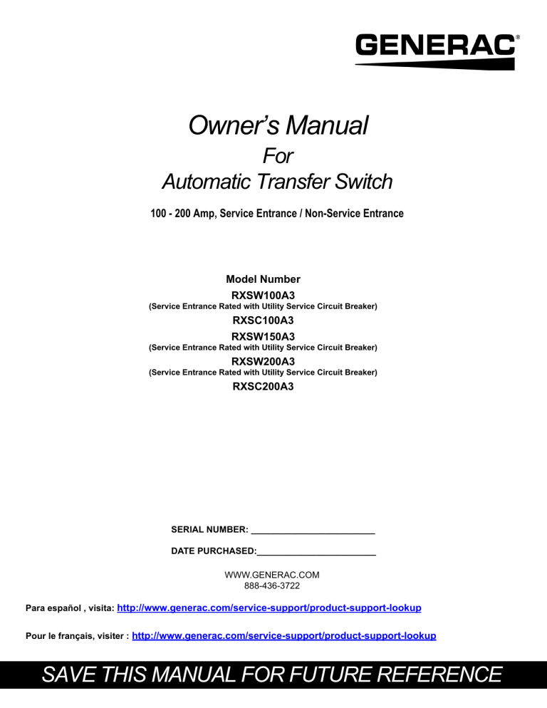 Generac Automatic Transfer Switch Owner's Manual | 100-200 Amp