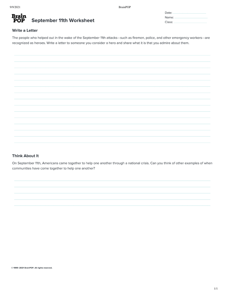 September 11th Worksheet: Write a Hero Letter