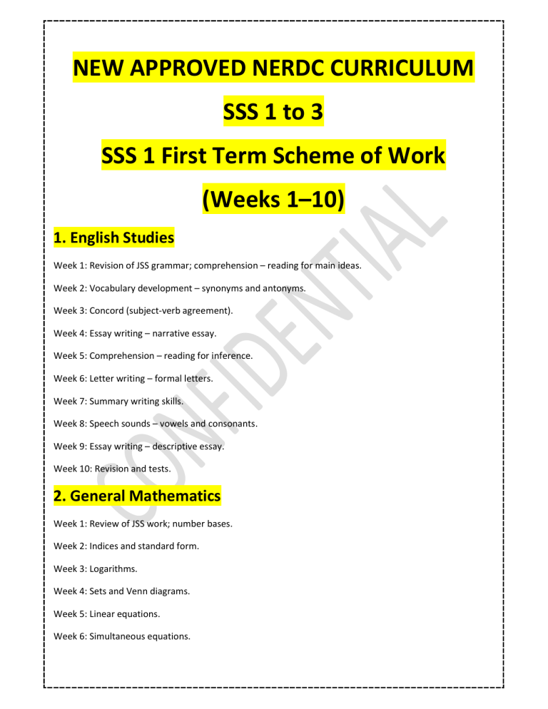 SSS 1 First Term Scheme of Work