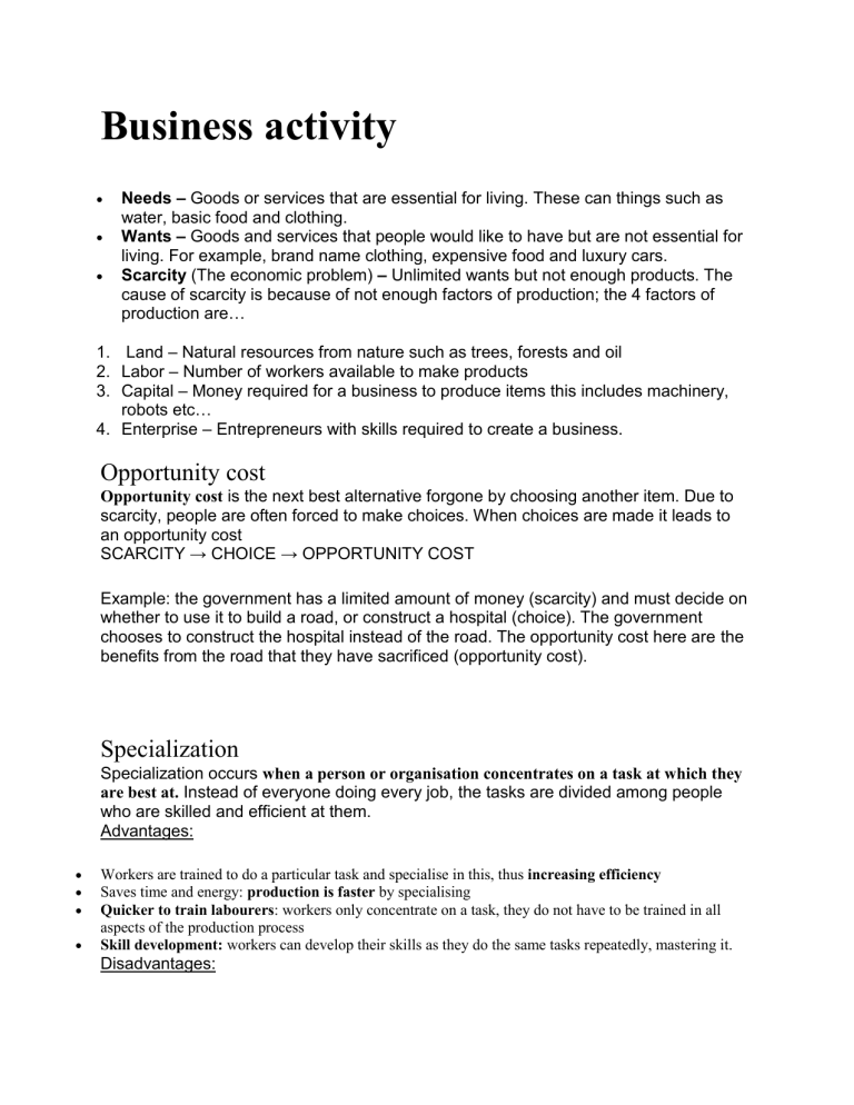 Business Activity: Needs, Scarcity, and Specialization