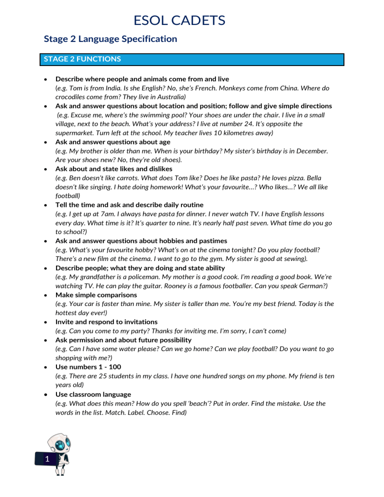ESOL Stage 2 Language Specification: Functions, Grammar, Vocabulary