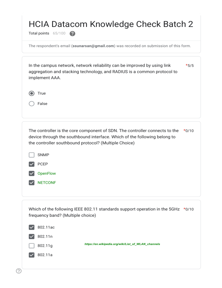 HCIA Datacom Knowledge Check Batch 2: Networking Quiz