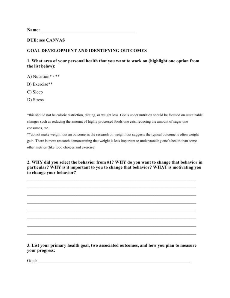 Health Goal Development Worksheet: Outcomes & Action Plans