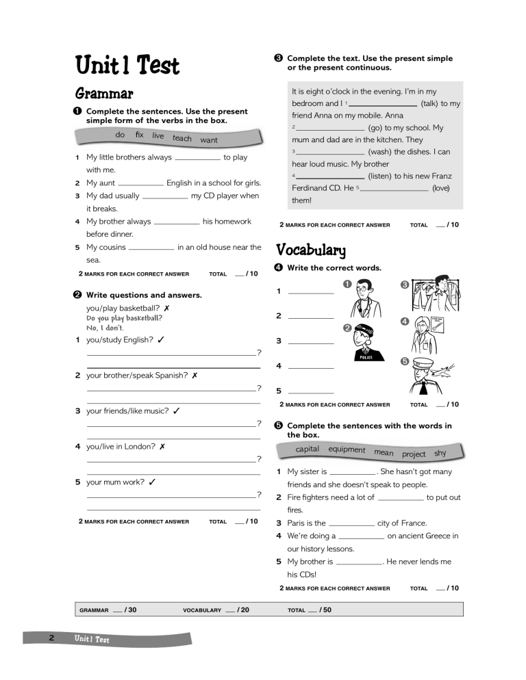Unit 1 English Test: Grammar & Vocabulary