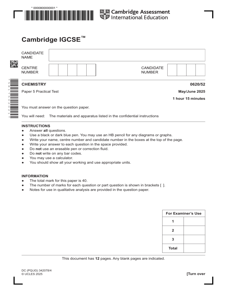 IGCSE Chemistry Paper 5 Practical Test May/June 2025 - 0620/52