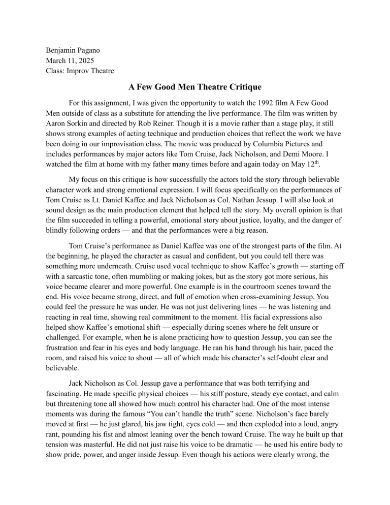 A Few Good Men Theatre Critique: Acting & Sound Analysis