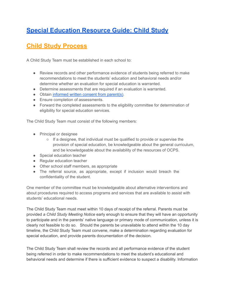 Special Education Resource Guide: Child Study Process & Team