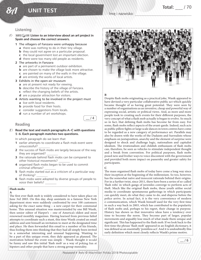 English 8A Unit Test: Listening, Reading, Vocabulary & Grammar