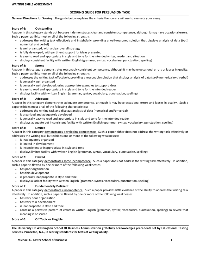 Writing Skills Assessment Scoring Guide | Persuasion & Position Tasks