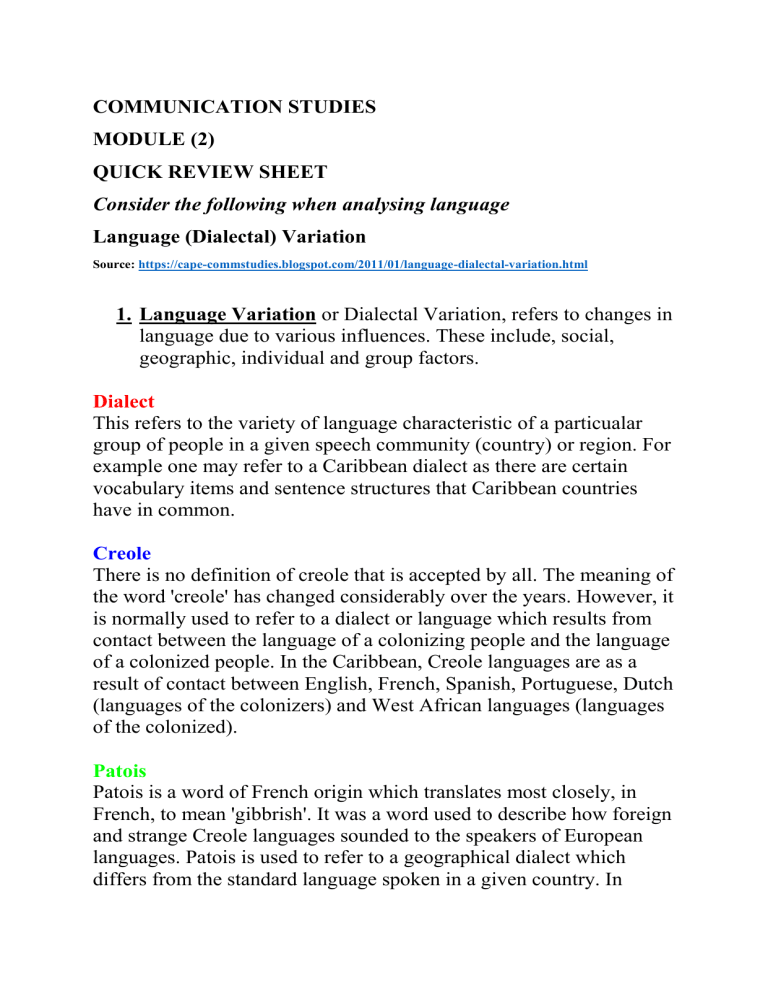 Communication Studies Module 2: Language Variation Review Sheet