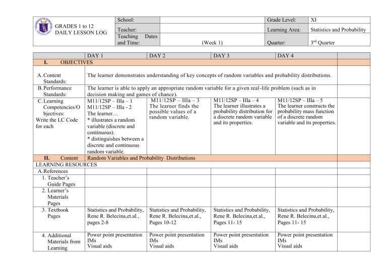 Statistics & Probability Daily Lesson Log (Grade 11)