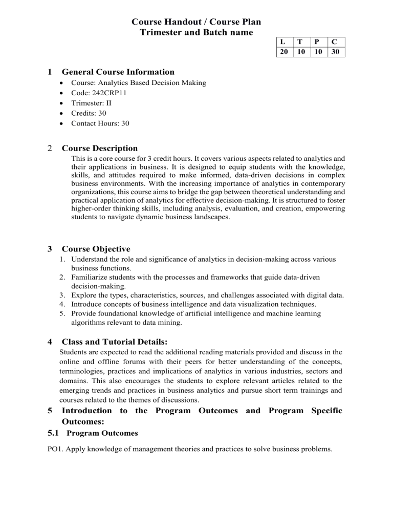 Analytics Based Decision Making Course Handout