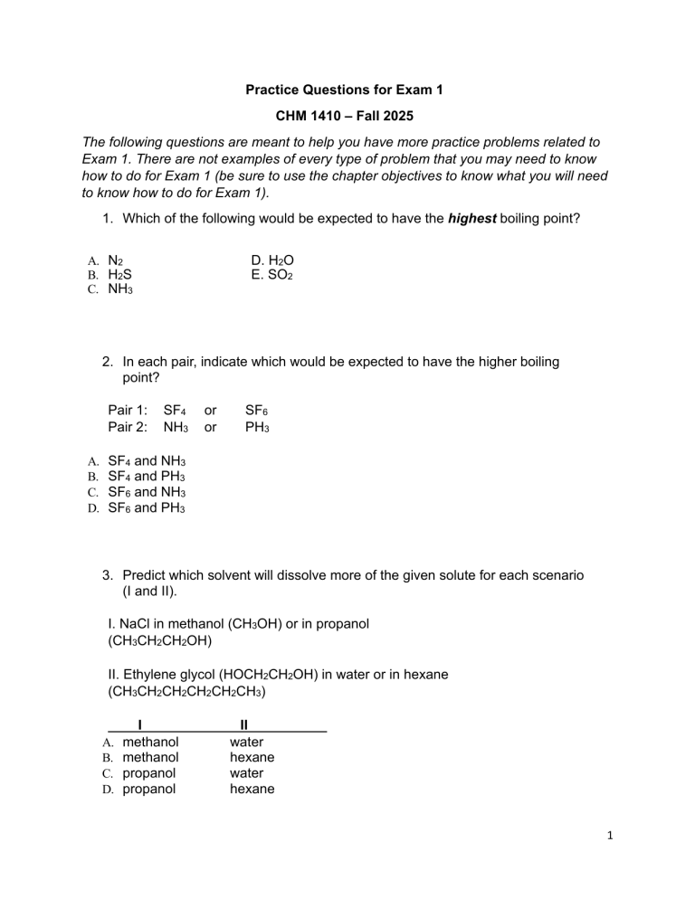 CHM 1410 Exam 1 Practice Questions: Boiling Point, Solubility ...