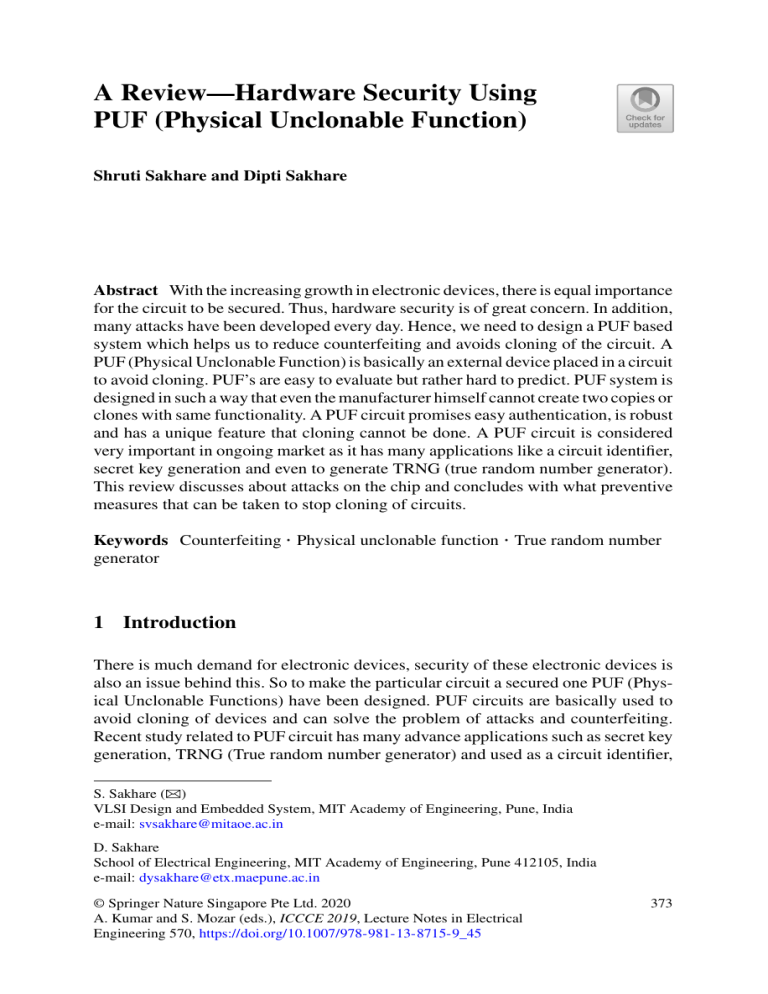 Hardware Security with Physical Unclonable Functions (PUFs)