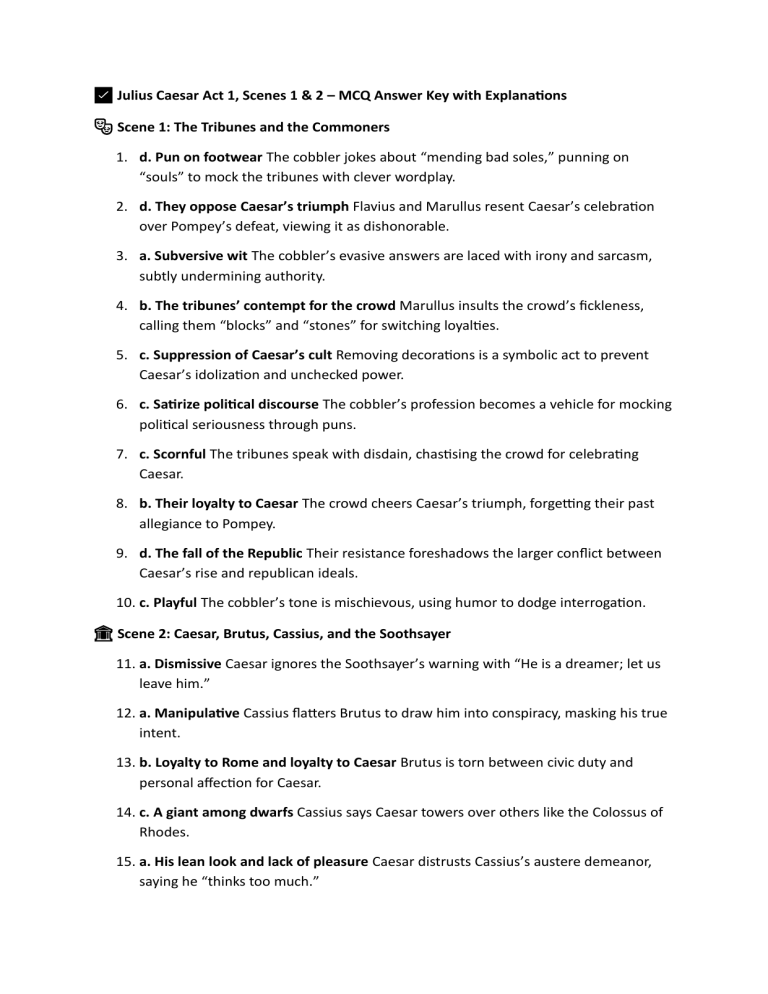 Julius Caesar Act 1 MCQ Answer Key